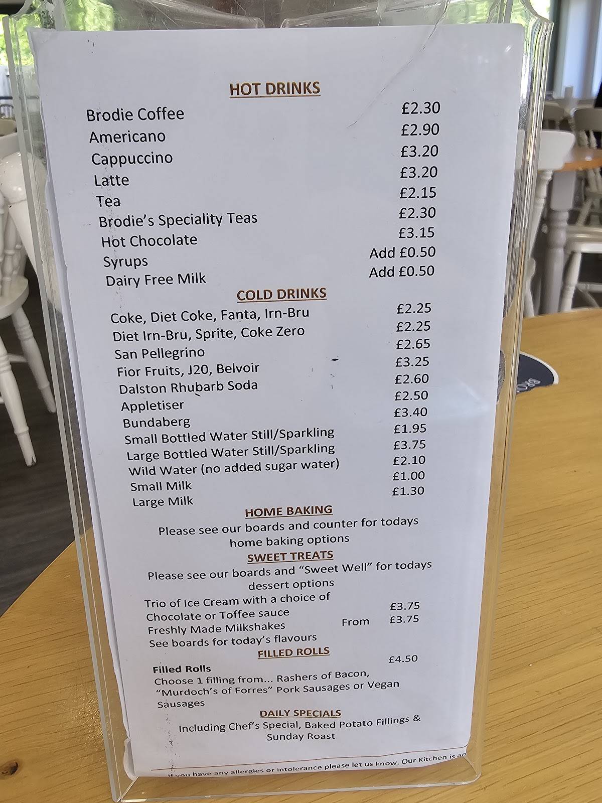 Menu at Brodie Countryfare restaurant, Brodie