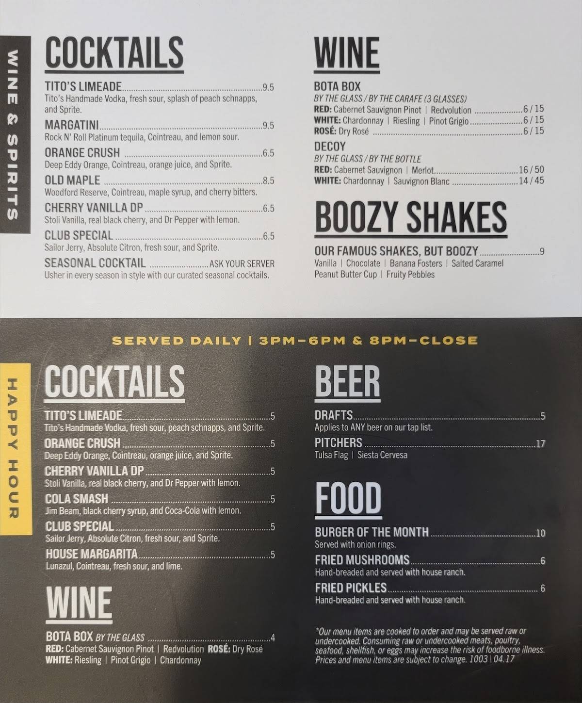 Menu at Society Burger restaurant, Broken Arrow