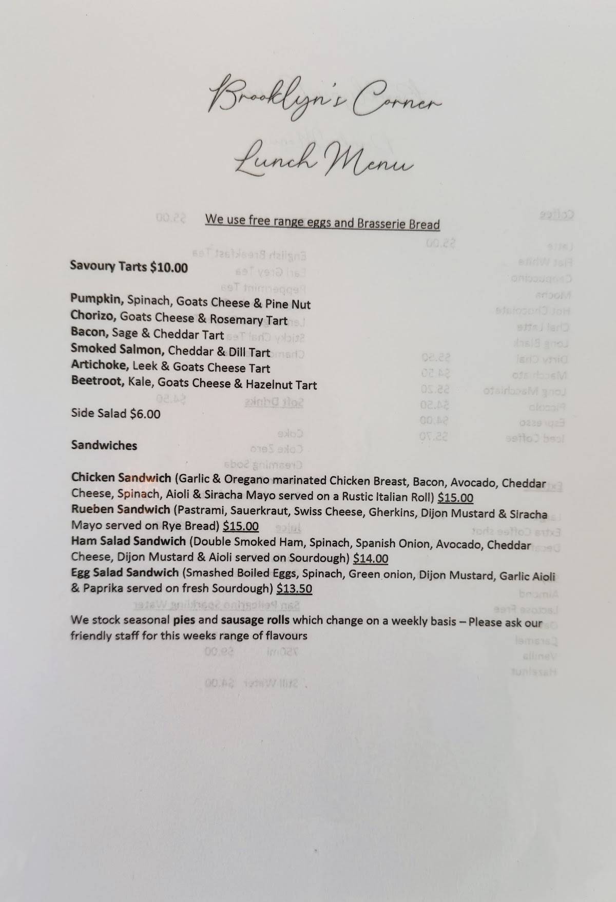 Menu at Brooklyn’s Corner cafe, Brooklyn