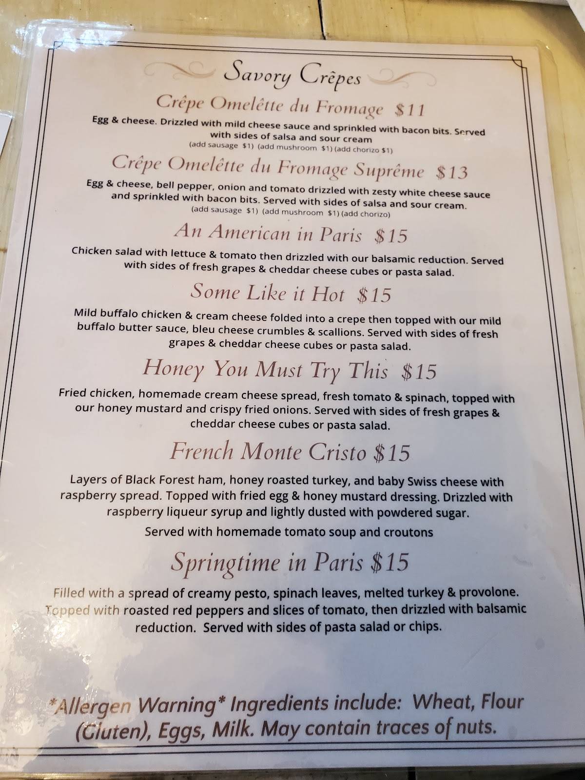 Menu at The Lazy Maid Crêperie cafe, Brooksville
