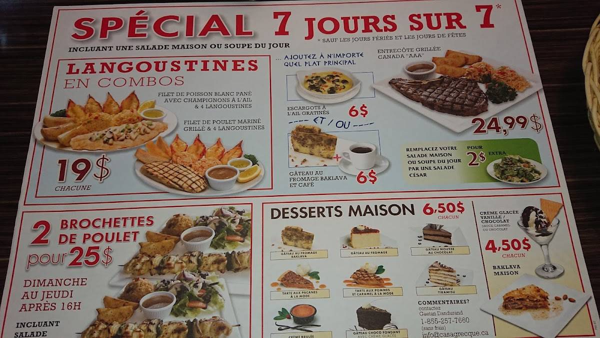 Menu at Casa Grecque restaurant, Brossard