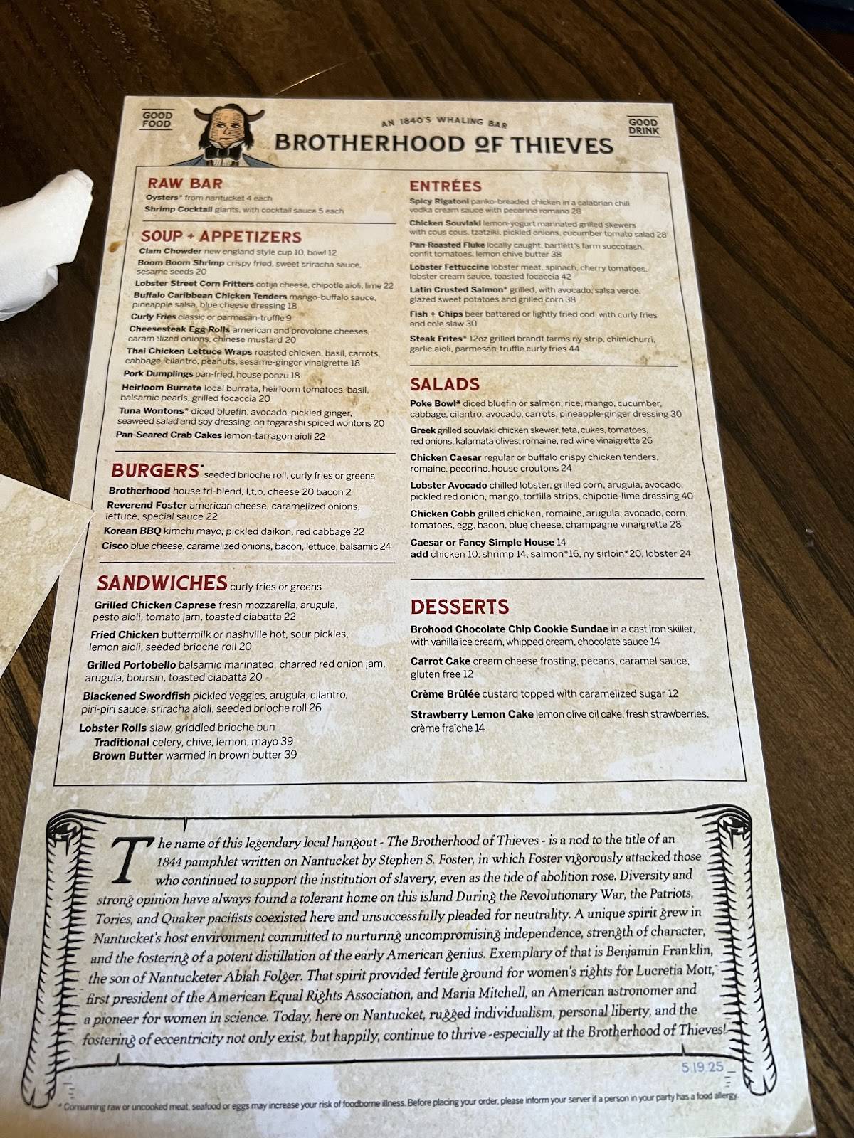 Menu at Brotherhood of Thieves pub & bar, Nantucket