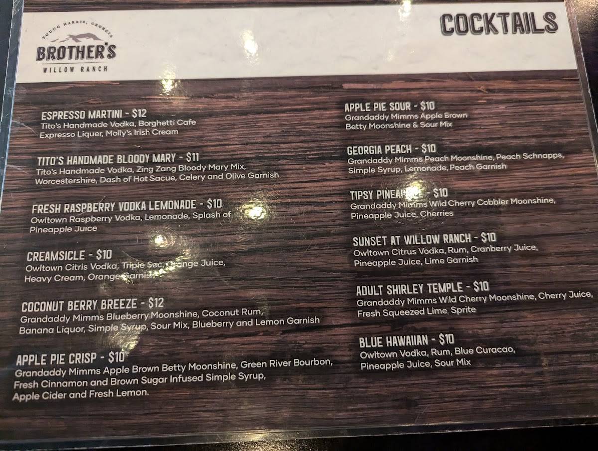 Carta de parrilla Brother's at Willow Ranch, Young Harris