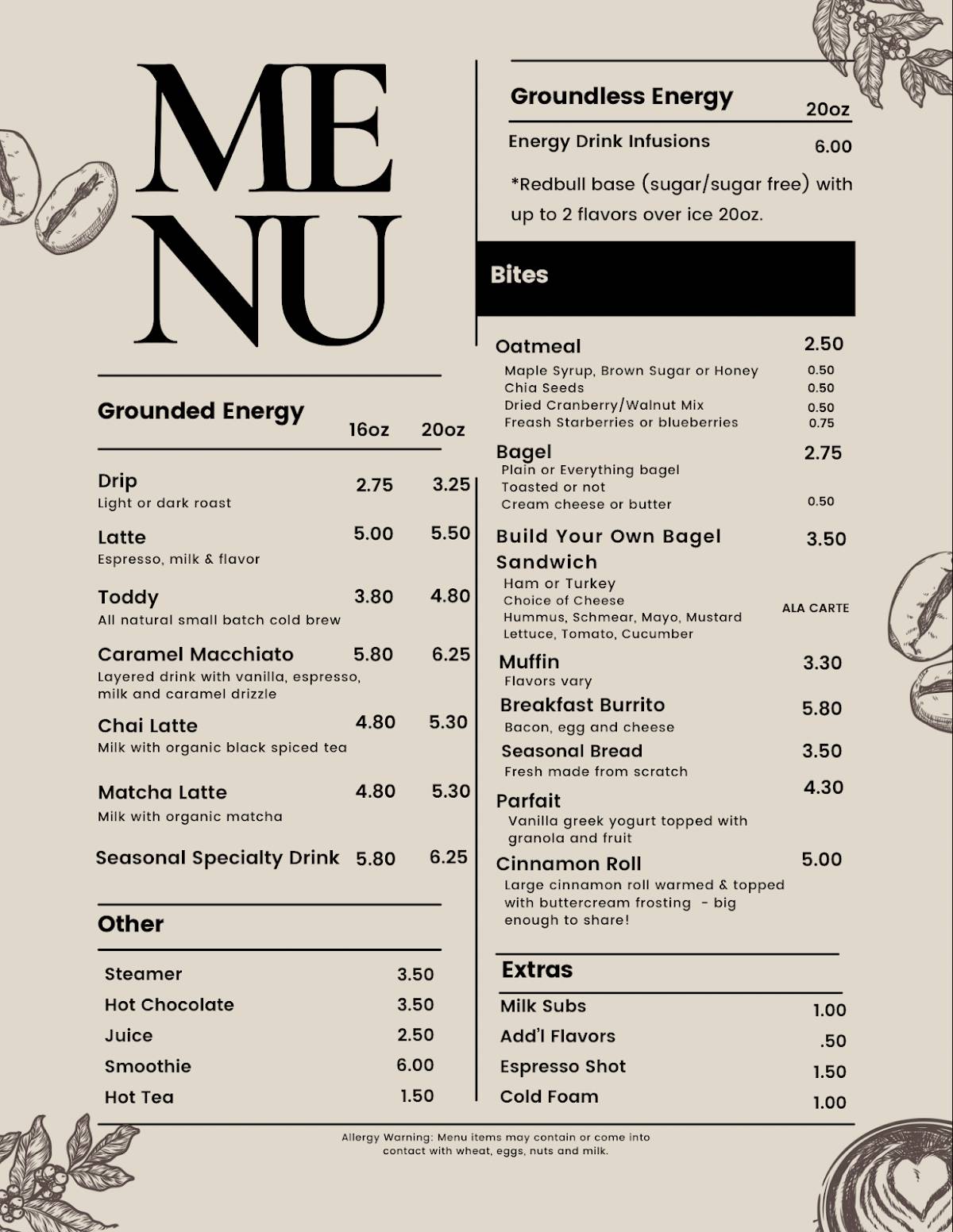 Menu at The Grounded Bean desserts, Brunswick