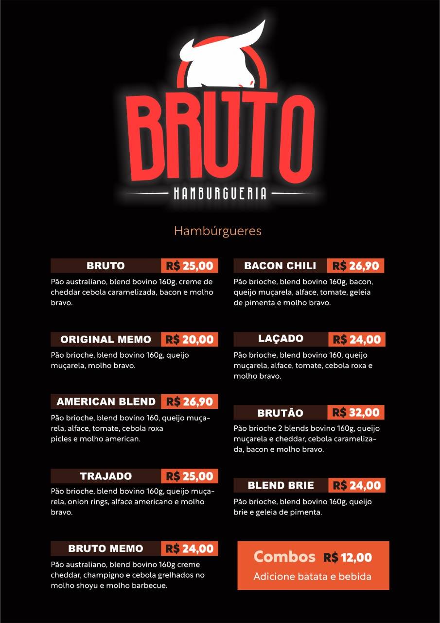 Menu em Bruto hamburgueria restaurante, Pedra Preta