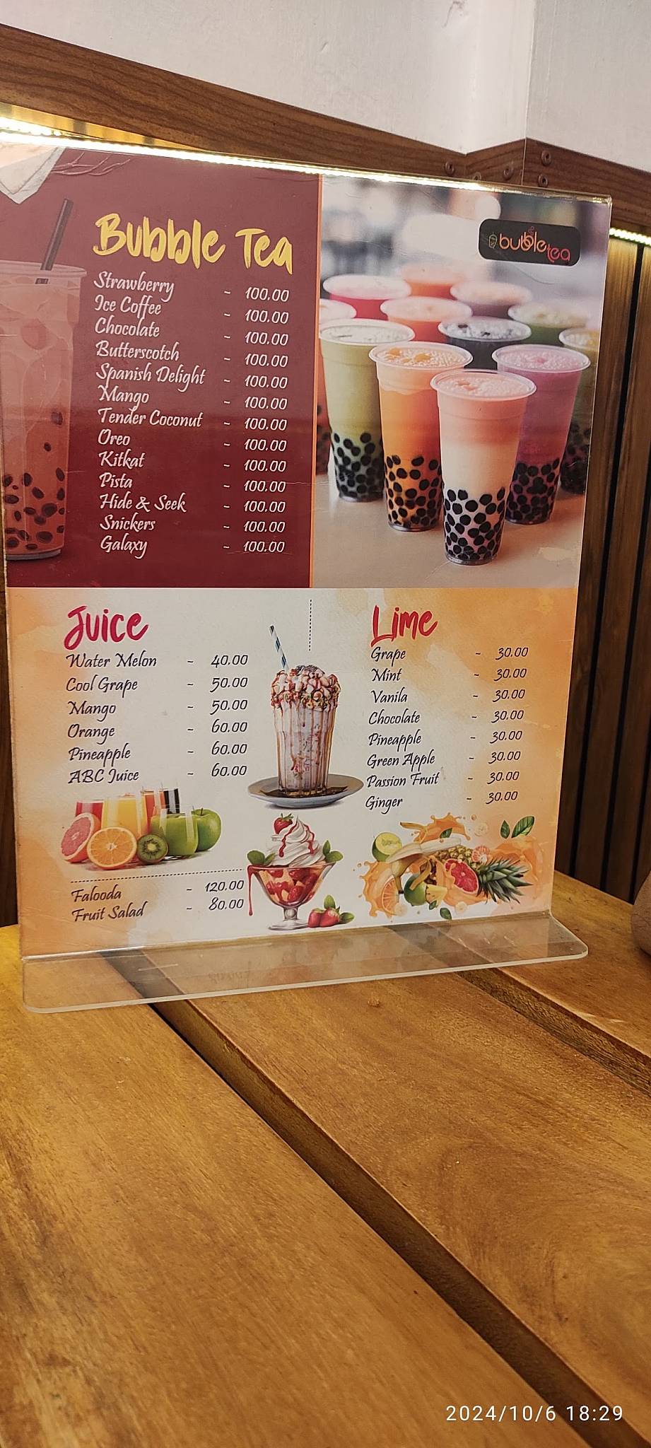 Menu at Bubble tea, Irinjalakuda