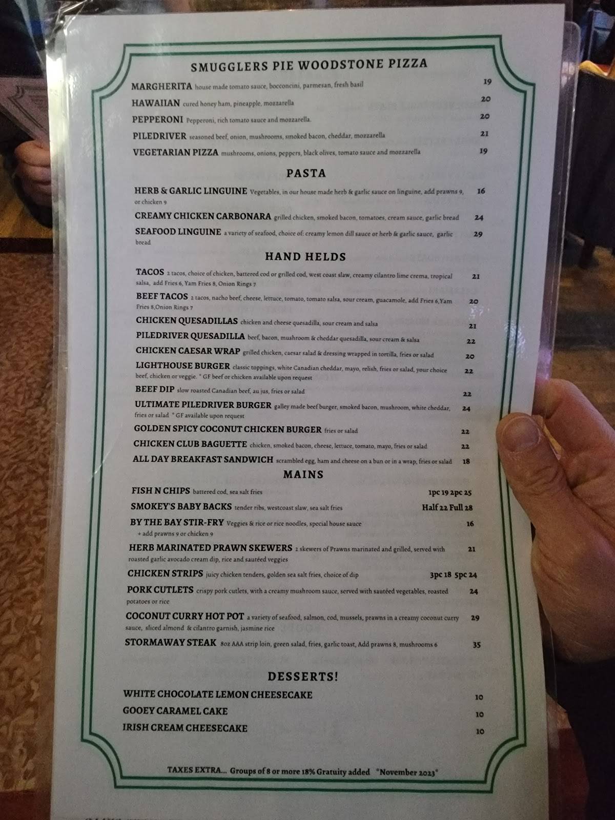 Menu at Buccaneers restaurant, Sechelt