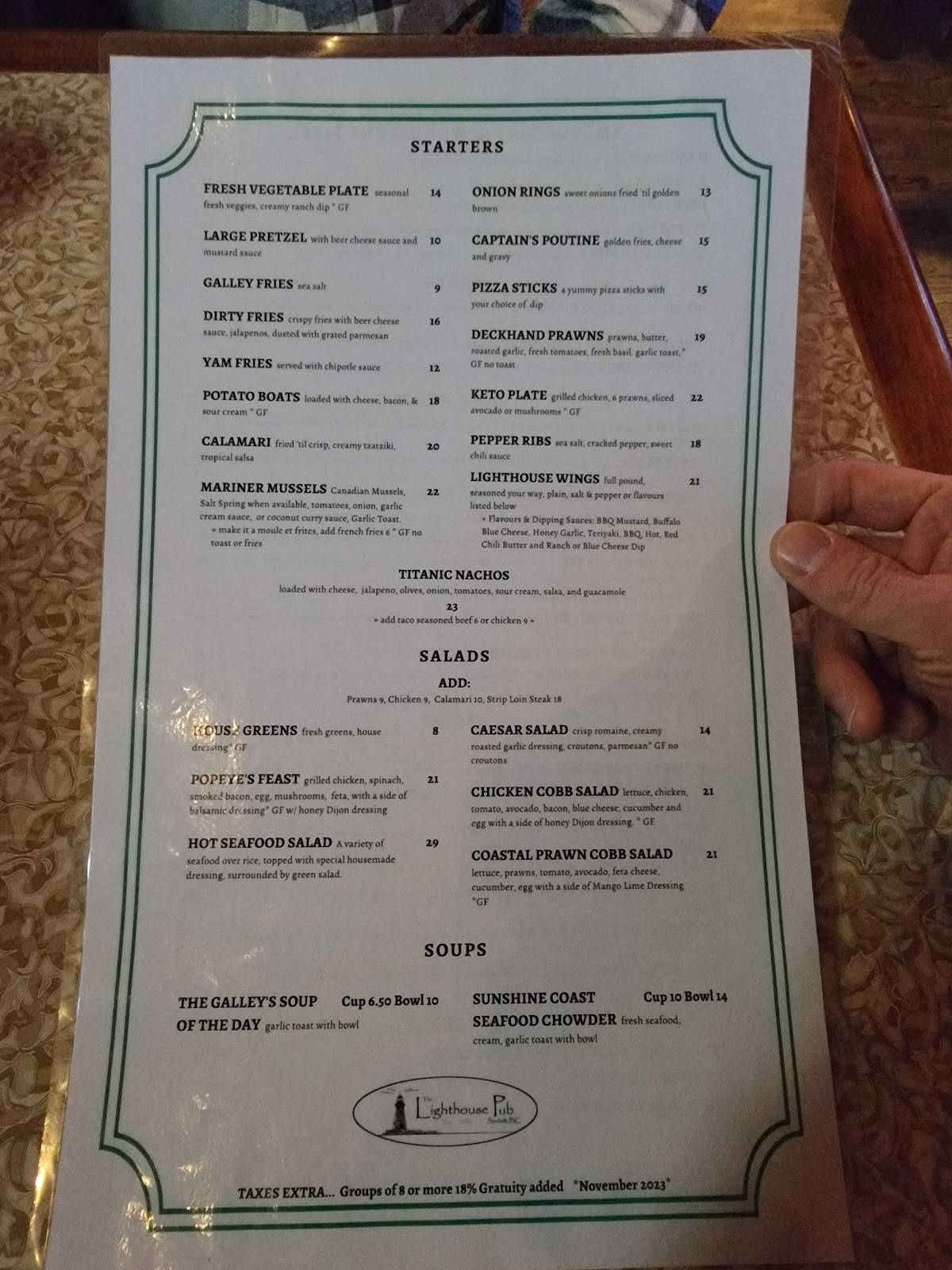 Menu at Buccaneers restaurant, Sechelt