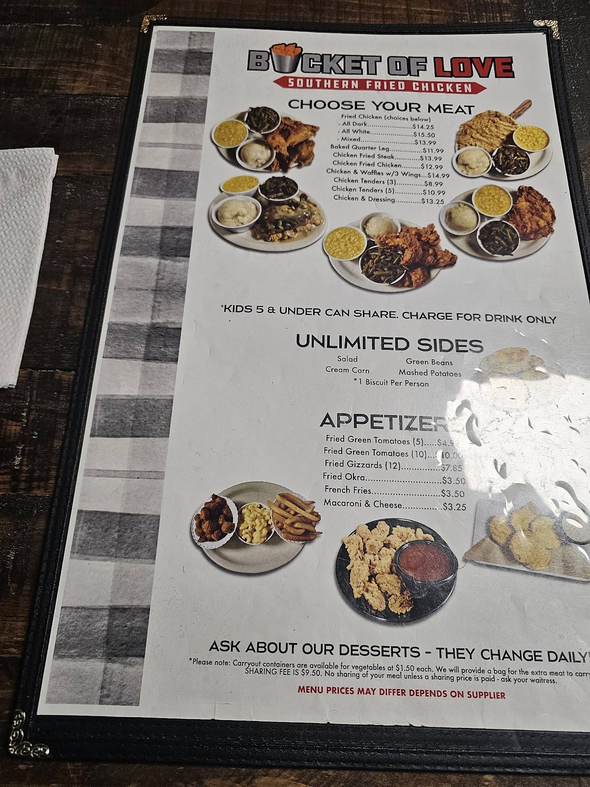 Menu at Bucket of Love restaurant, Lubbock