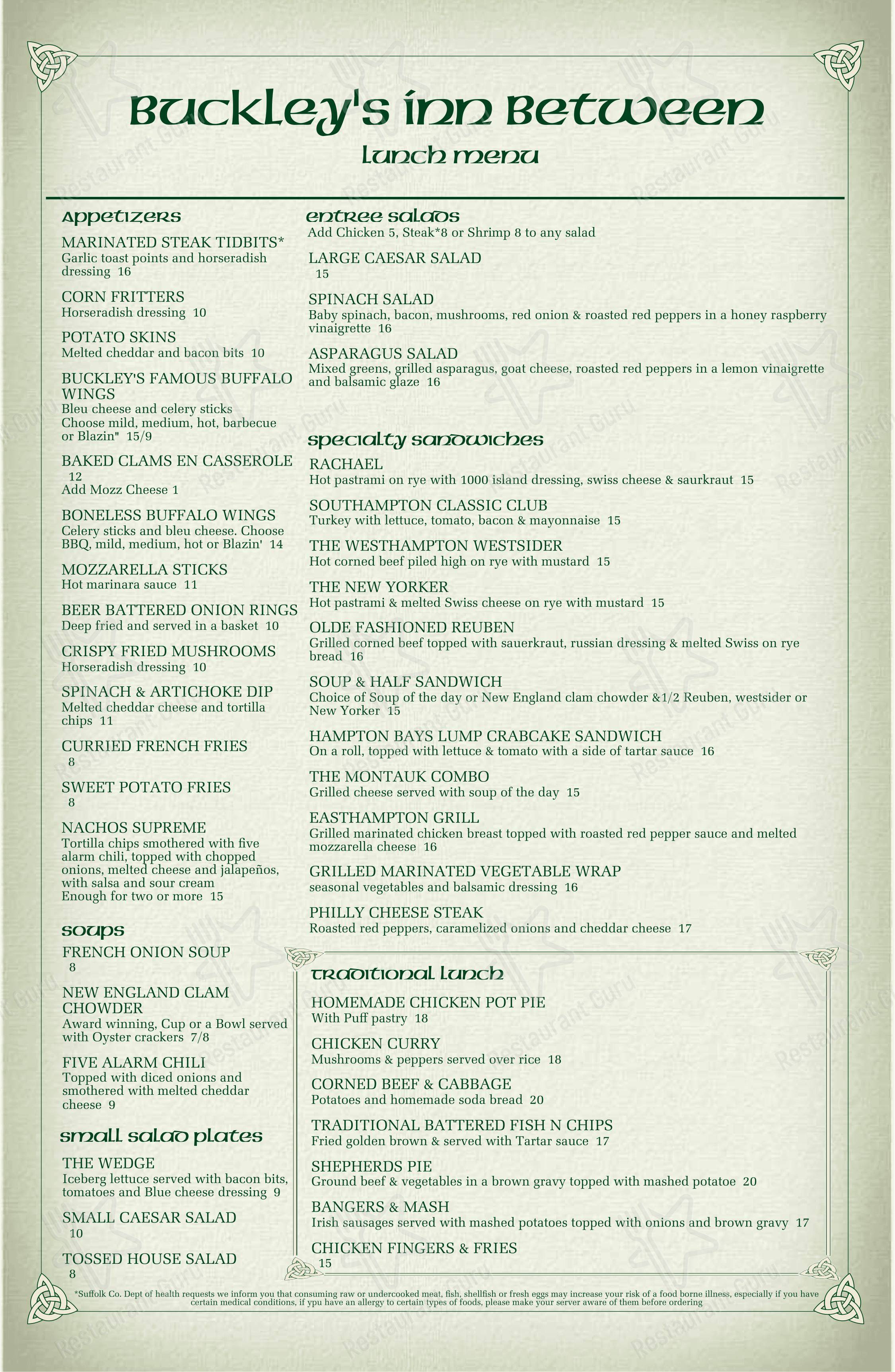 Menu at Buckleys Inn Between pub & bar, Hampton Bays
