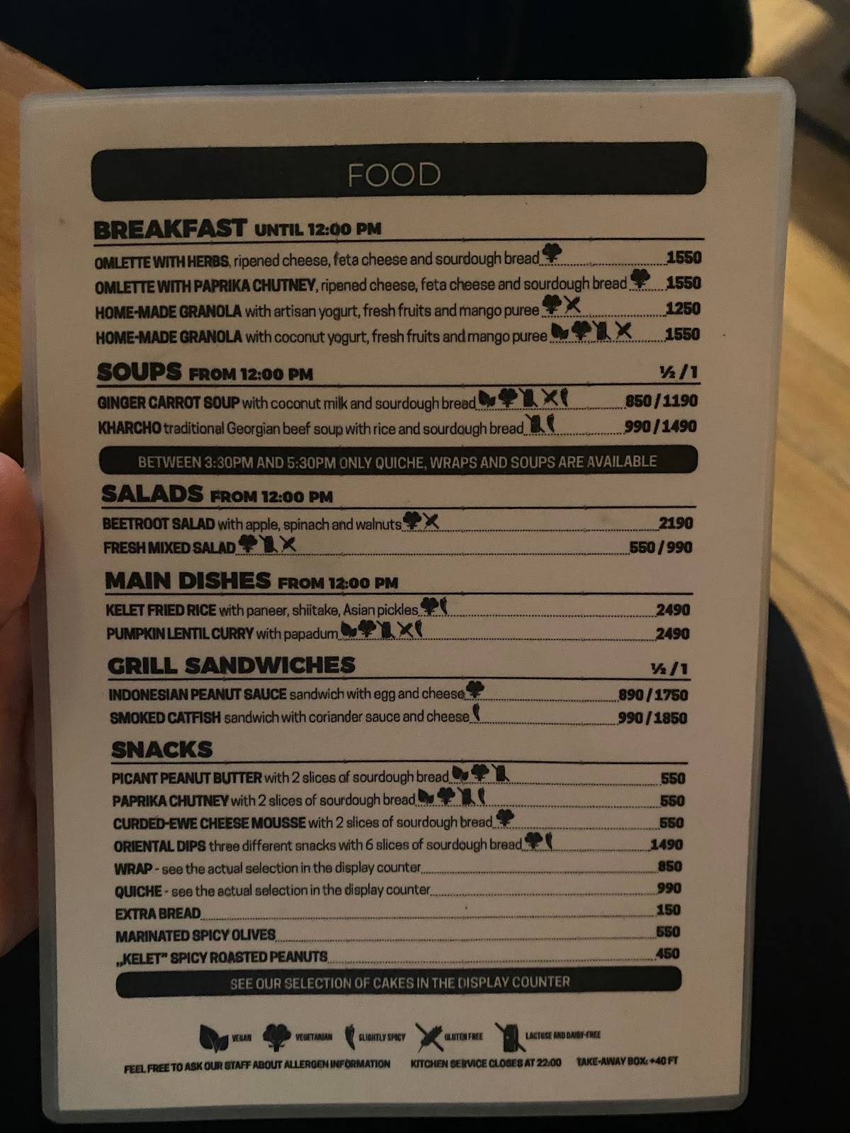 Carta del café Kelet Kávézó és Galéria, Budapest