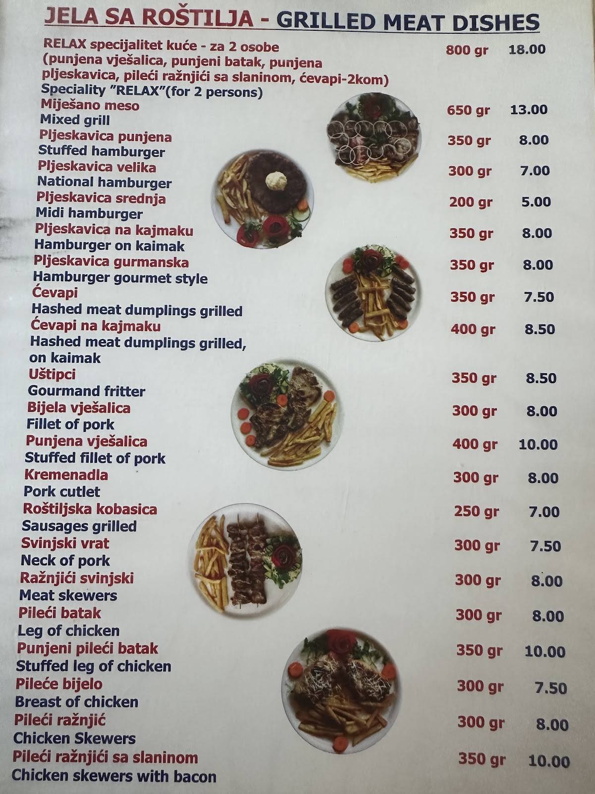 Menu at Relax Grill cafe, Budva