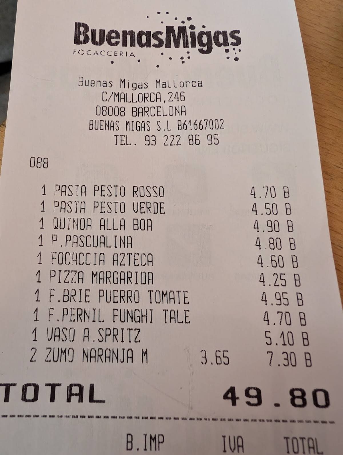 Menu at Buenas Migas restaurant, Barcelona, C/ de Mallorca