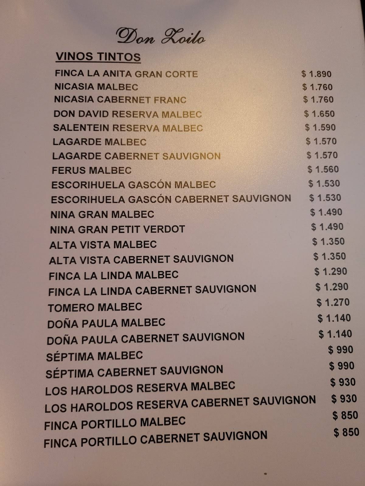 Carta del restaurante Don Zoilo, Buenos Aires