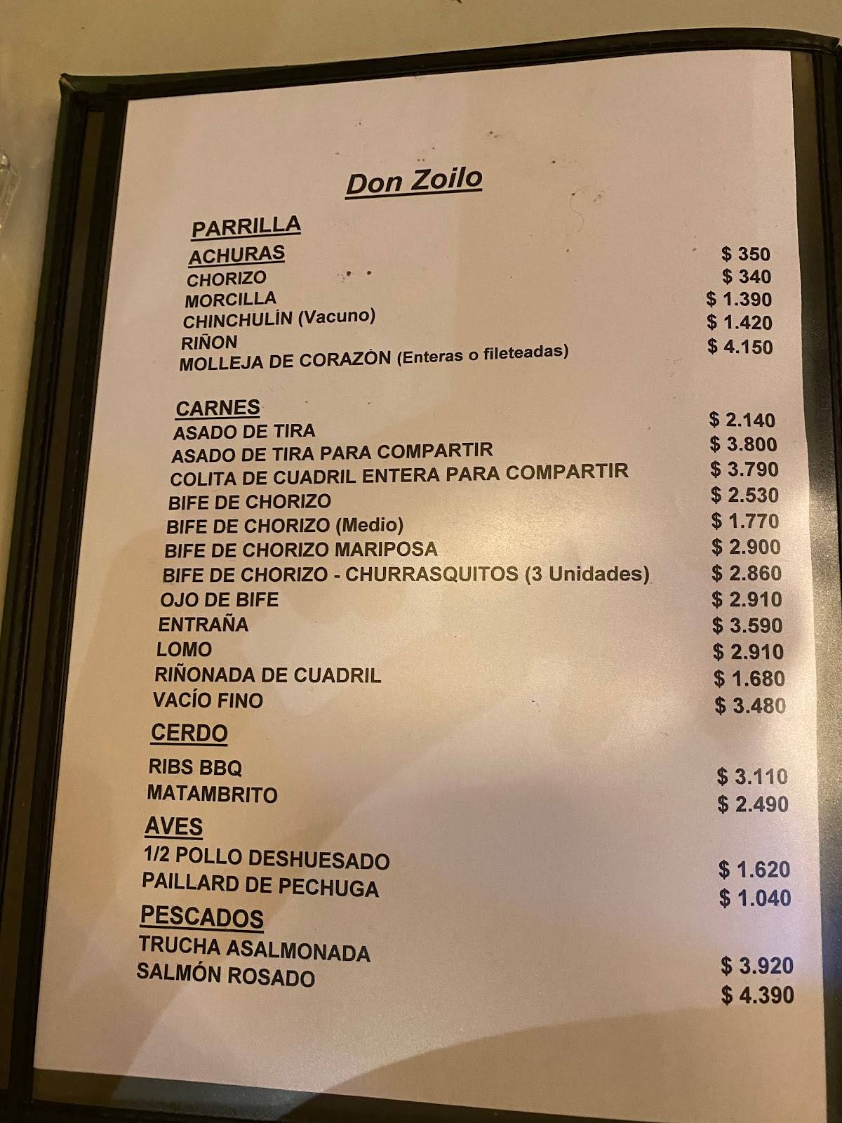 Carta del restaurante Don Zoilo, Buenos Aires