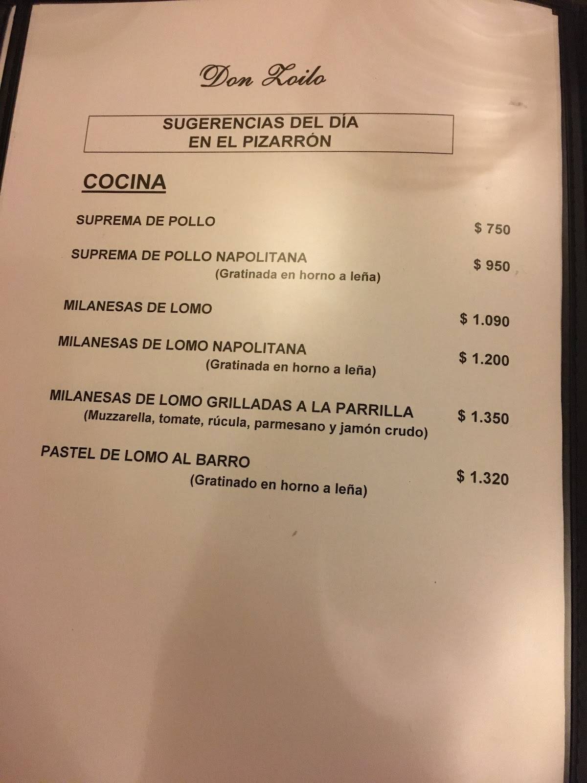 Carta del restaurante Don Zoilo, Buenos Aires