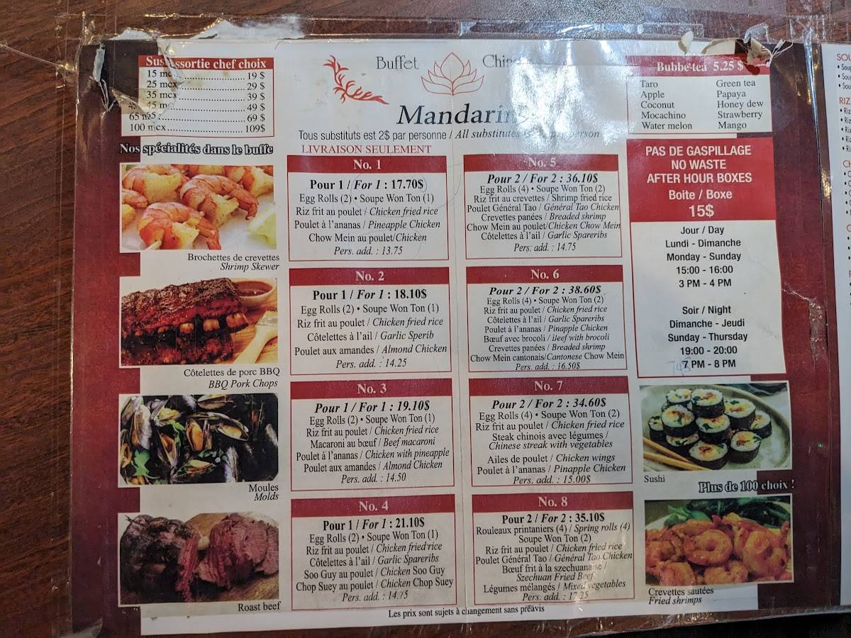 Menu au Buffet Chinois Mandarin restaurant, Montréal, Dollard Ave