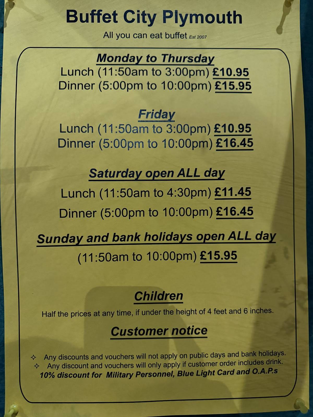 Menu at Buffet City restaurant, Plymouth