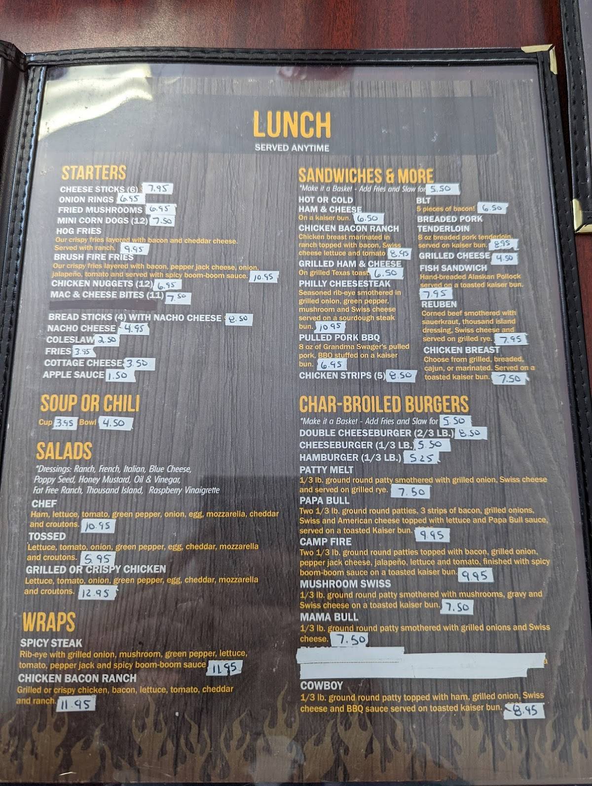 Menu at Bull Pen Cafe, Fremont, 203 Toledo St
