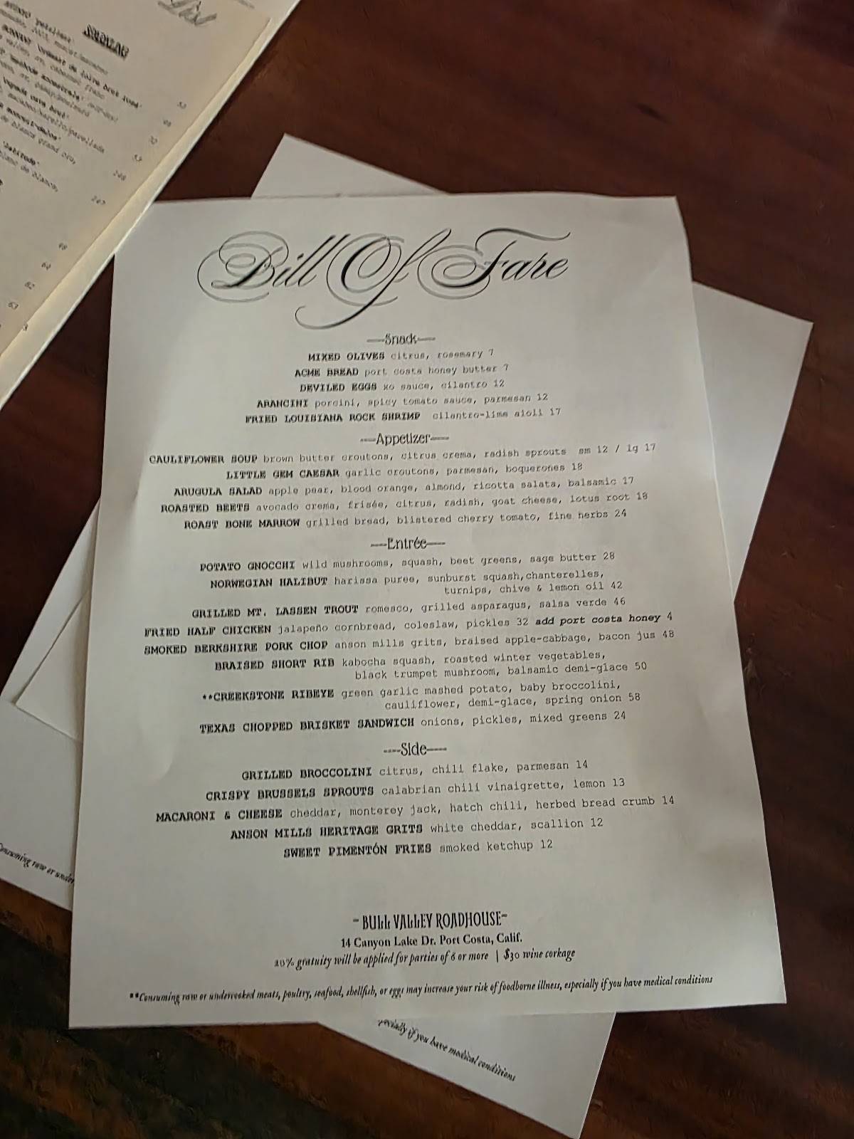 Menu at Bull Valley Roadhouse restaurant, Port Costa