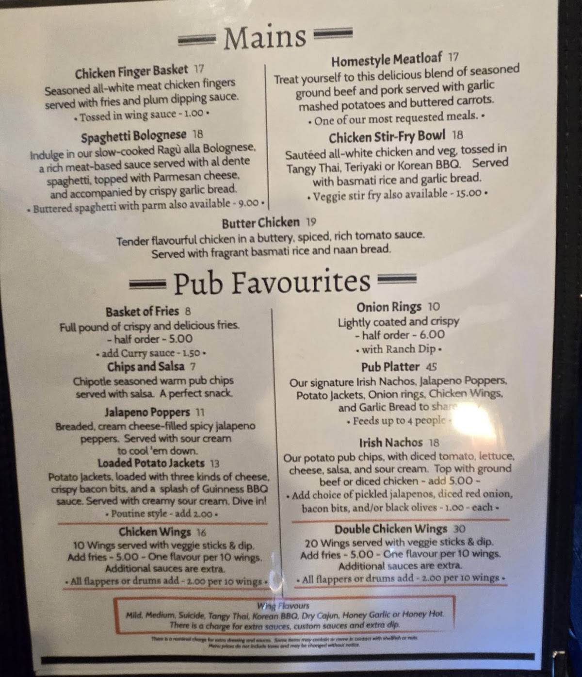 Menu at Bull and Barrel Pub, Barrie