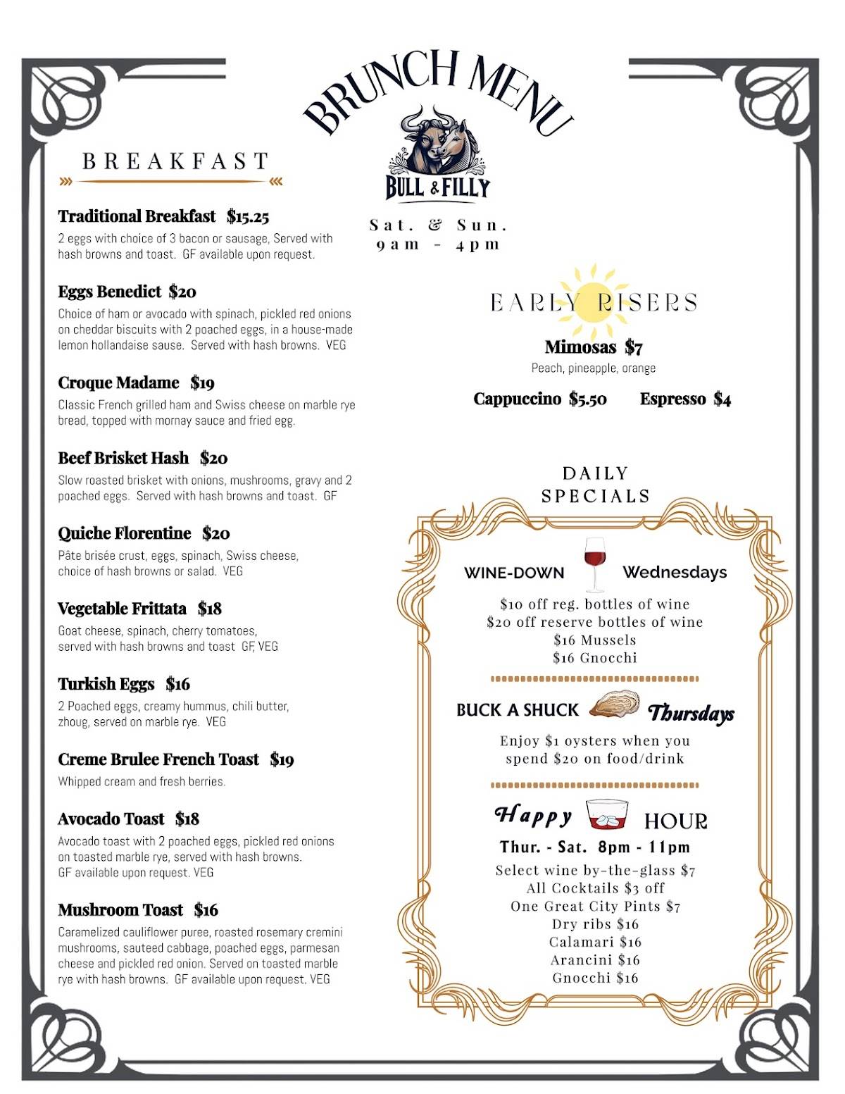 Menu at Bull & Filly restaurant, Winnipeg