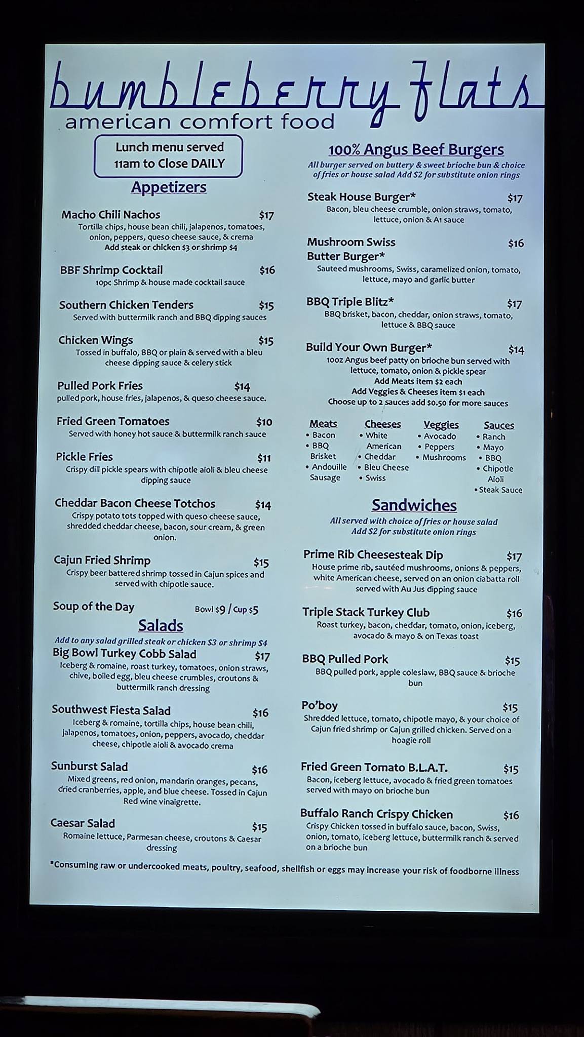 Menu at Bumbleberry Flats restaurant, Laughlin, S Casino Dr