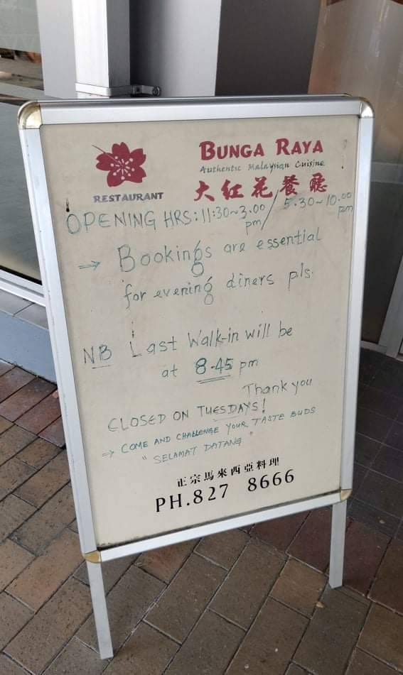 Menu at Bunga Raya Restaurant, Auckland