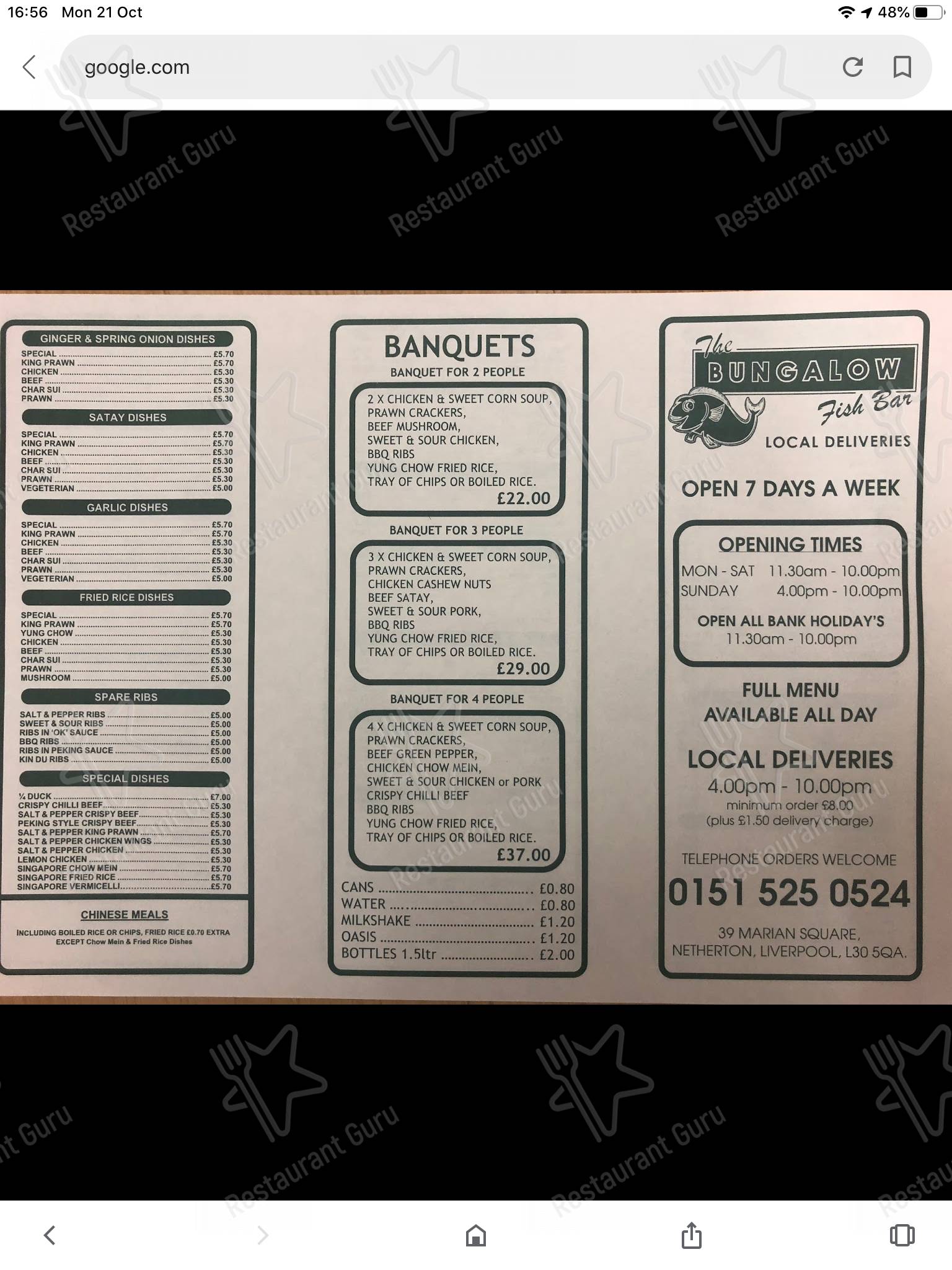Menu at Bungalow Fish Bar, Bootle, 39 The Marian Square