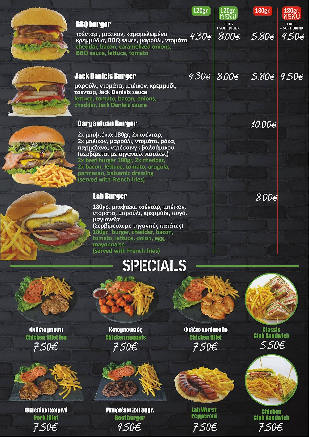 Menu at Burger Lab, Paralia