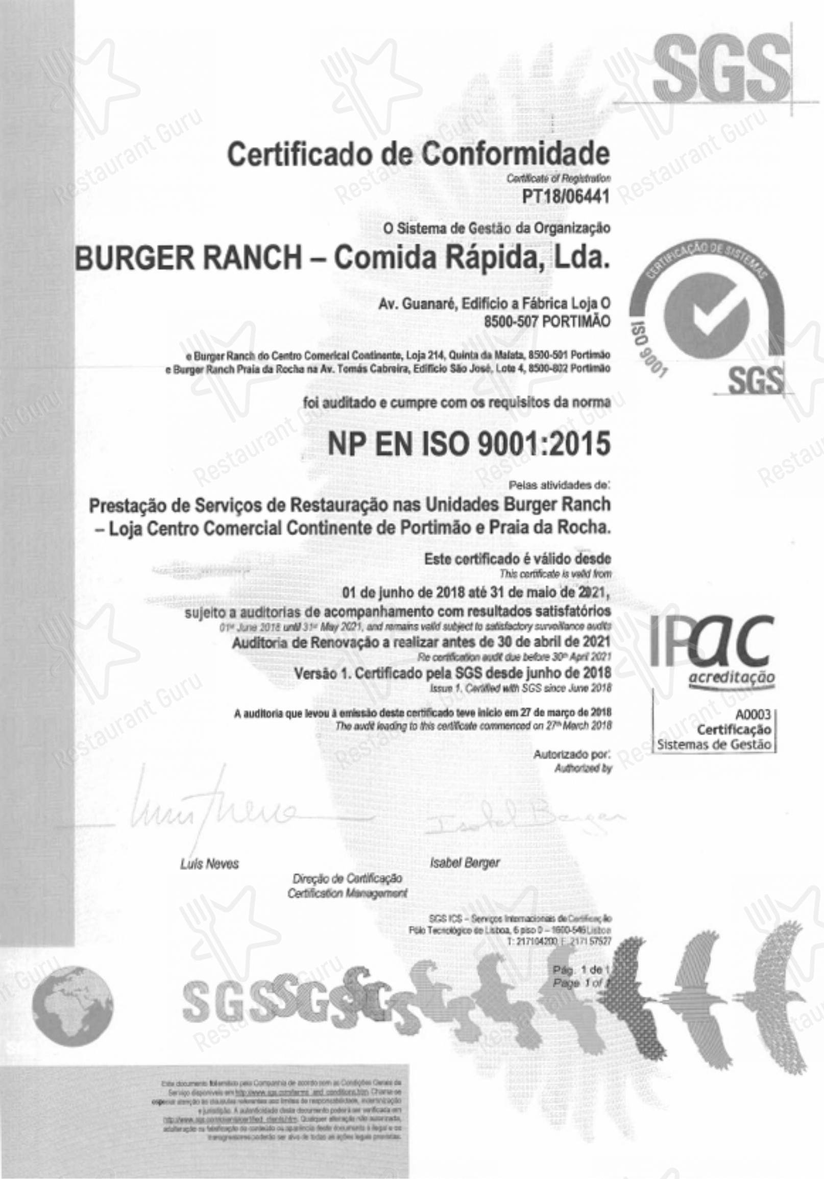 Menu at Burger Ranch restaurant, Monte Gordo