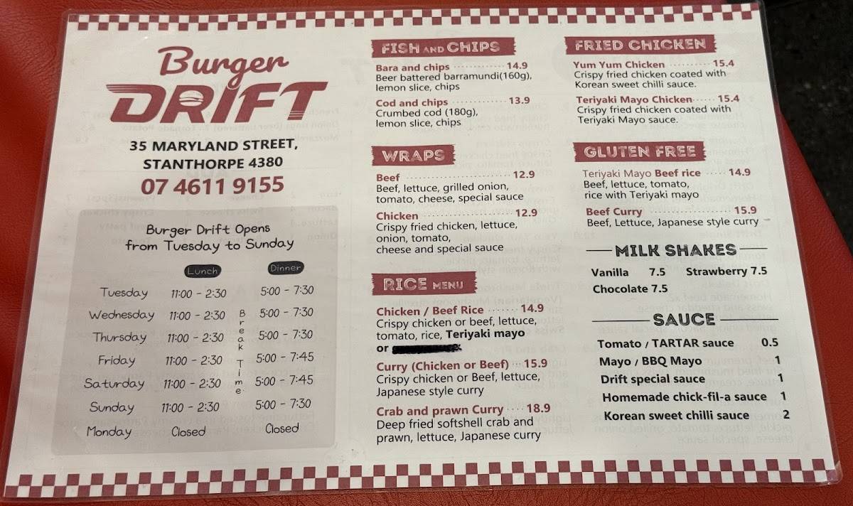 Menu at Burger drift restaurant, Stanthorpe
