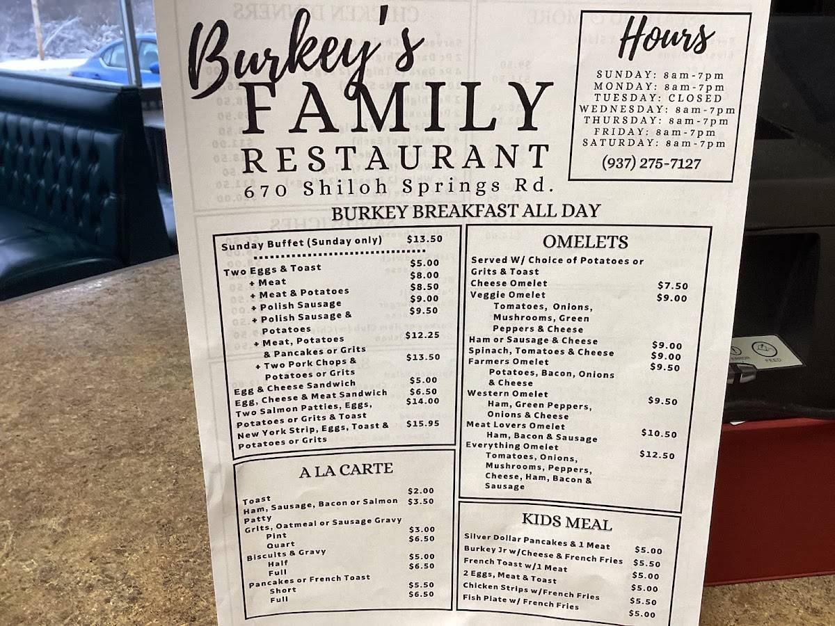 Menu at Burkey's Family Restaurant, Dayton