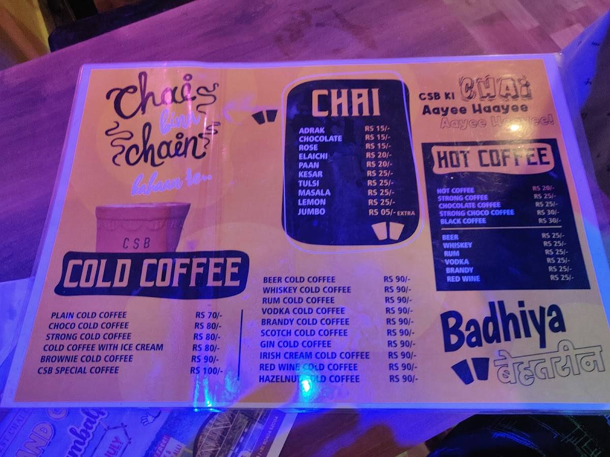 Menu at Chai Sutta Bar, Burla