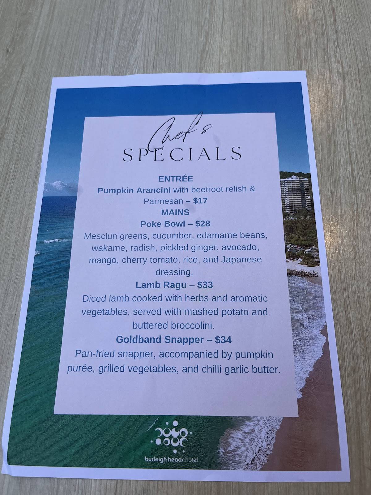 Menu at Burleigh Heads Hotel pub & bar, Burleigh Heads