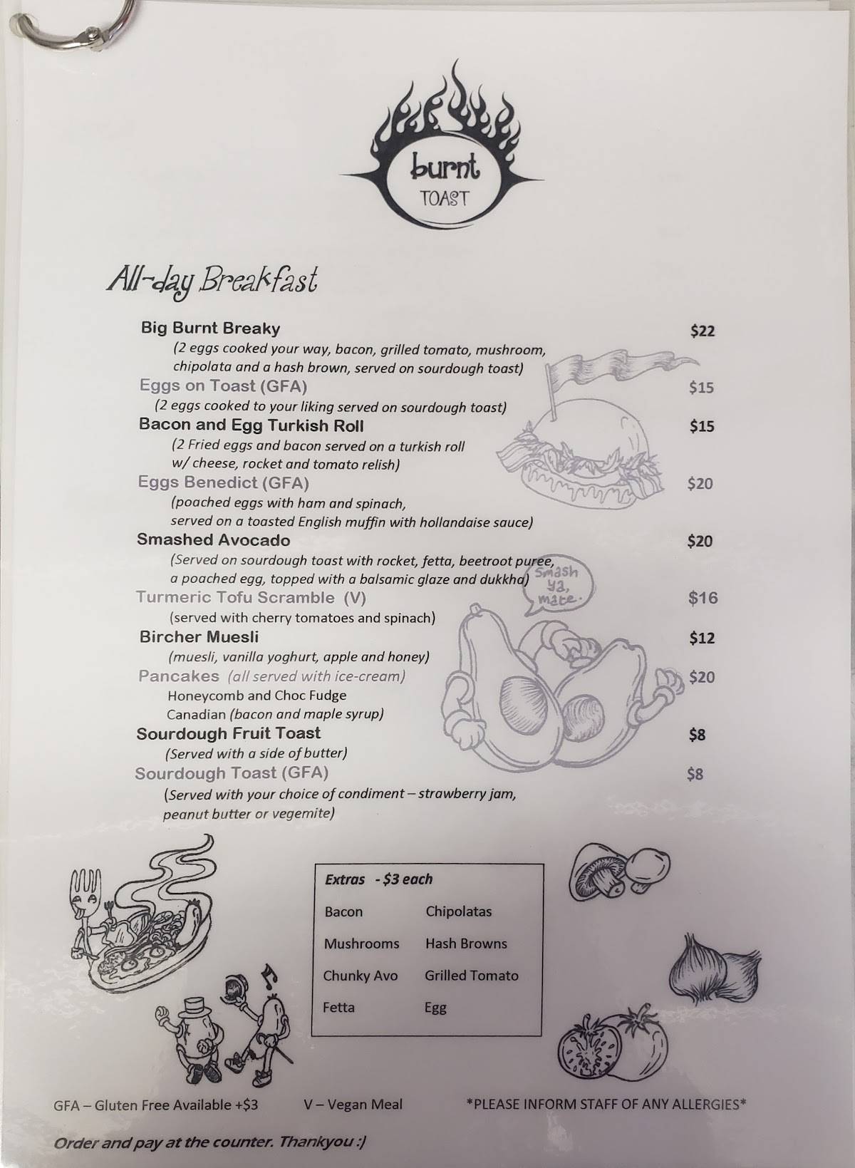 Menu at Burnt Toast restaurant, Cape Woolamai