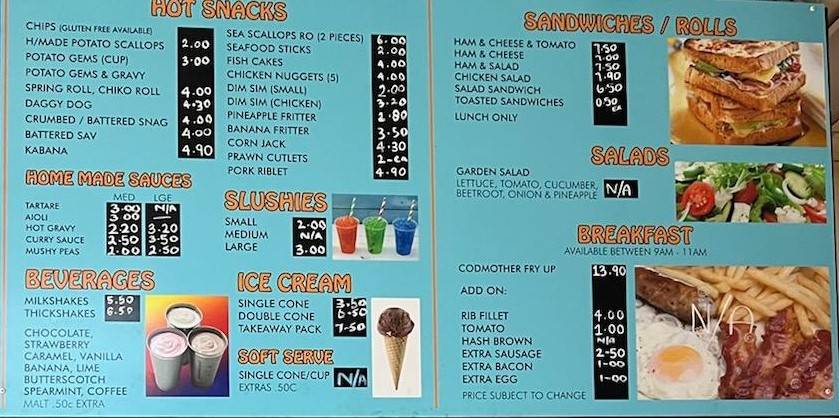 Menu at Codmother restaurant, Narangba