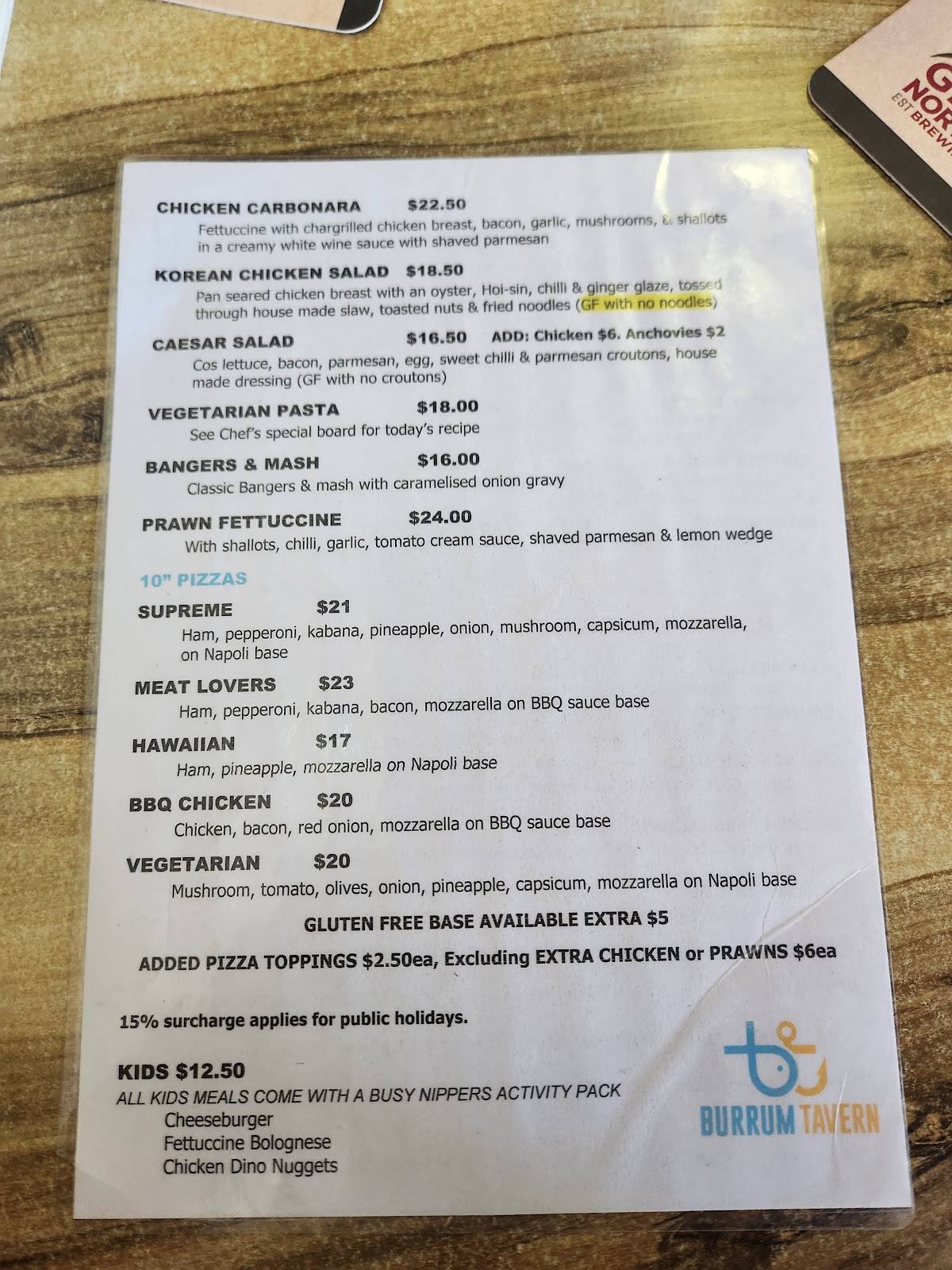 Menu at Burrum Tavern pub & bar, Burrum Heads