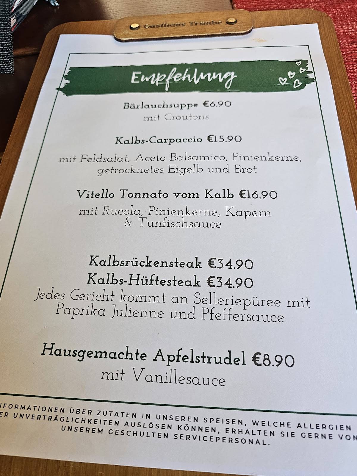 Speisekarte von Gasthaus Traube restaurant, Bürs