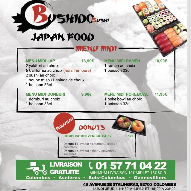 Carta del restaurante Bushido Sushi, Colombes