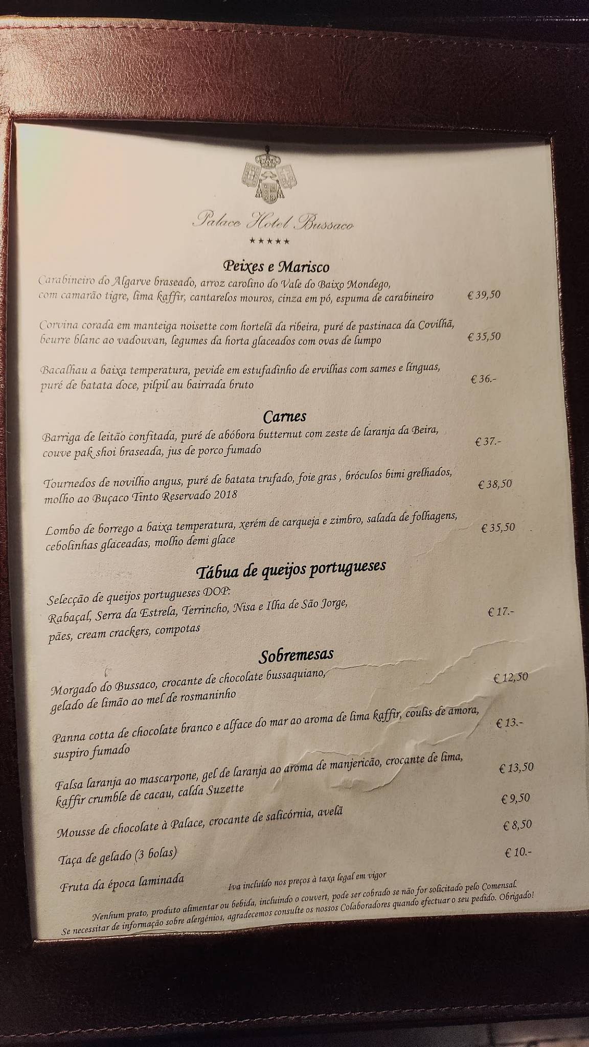 Menu at Bussaco Palace Hotel Restaurant, Luso