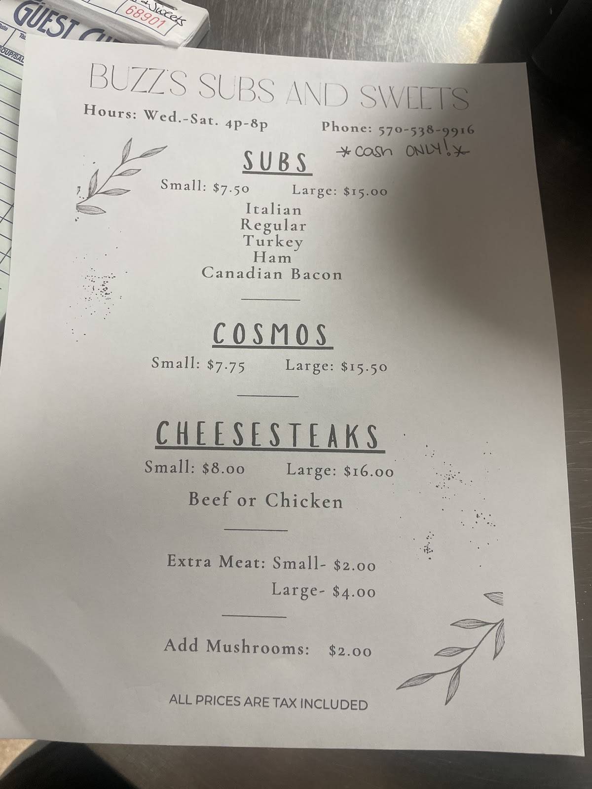 Menu at Buzz's Subs pizzeria, Watsontown