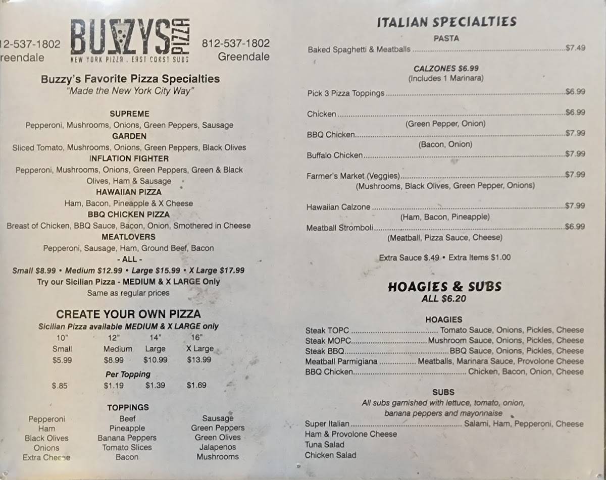 Menu at Buzzy's NYPD pizzeria, Greendale