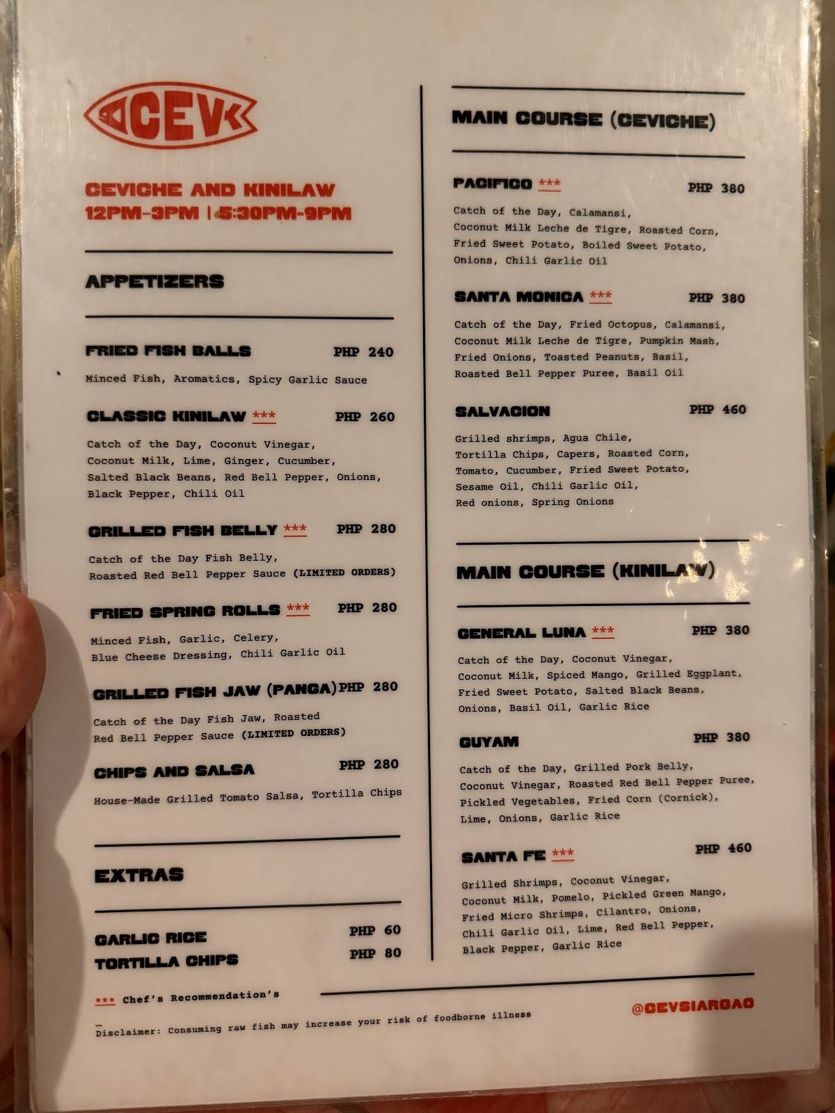 Menu at CEV: Ceviche & Kinilaw Shack restaurant, General Luna