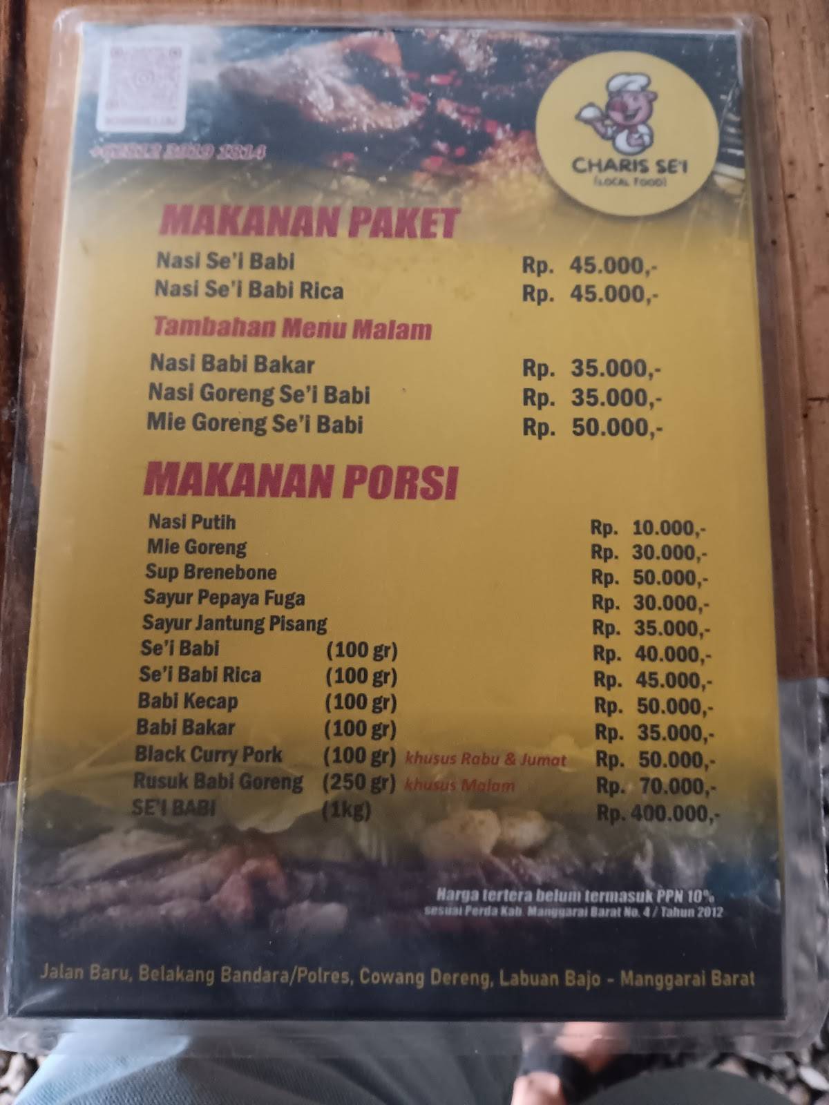 Menu at CHARIS Se'i Local Food "KHAS NTT" restaurant, Indonesia