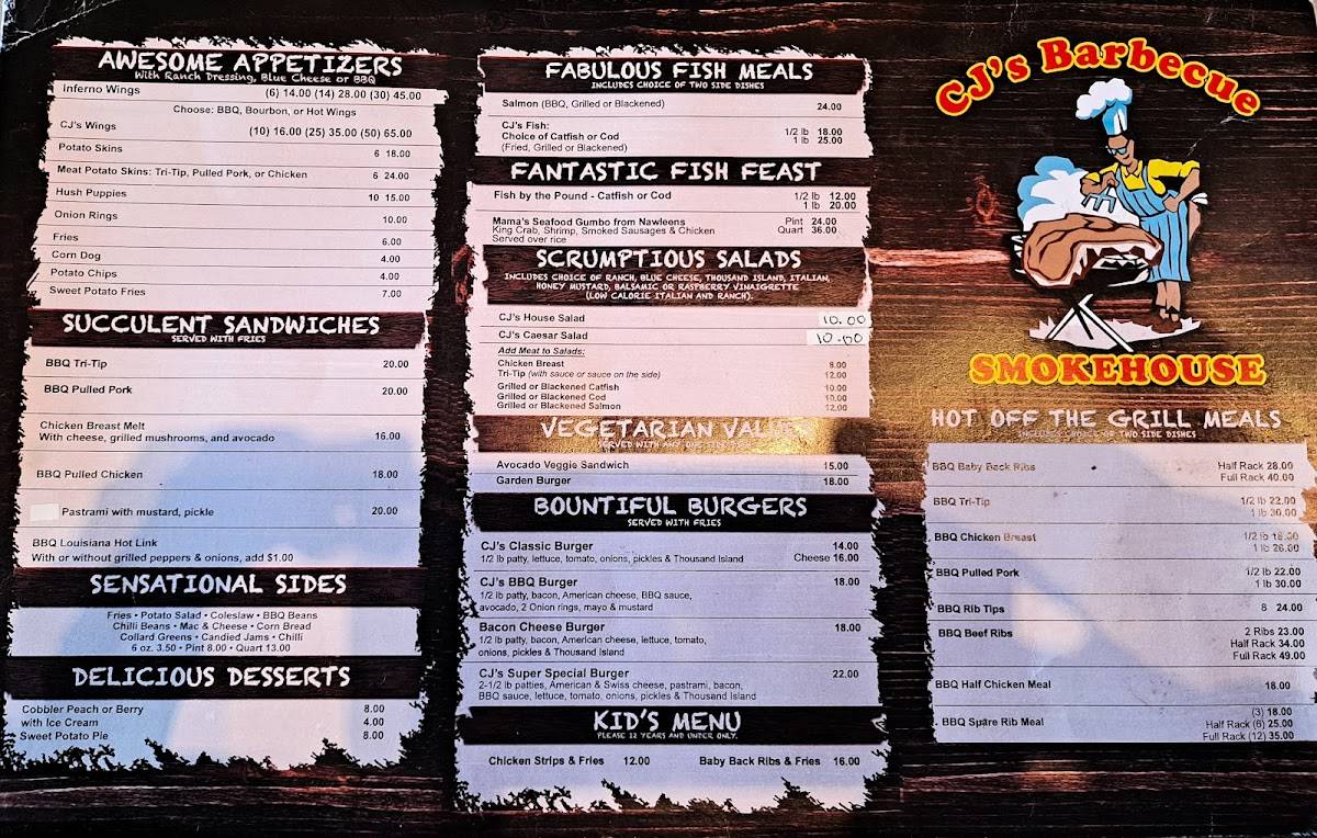 Menu at CJ’s BBQ Smokehouse, San Luis Obispo