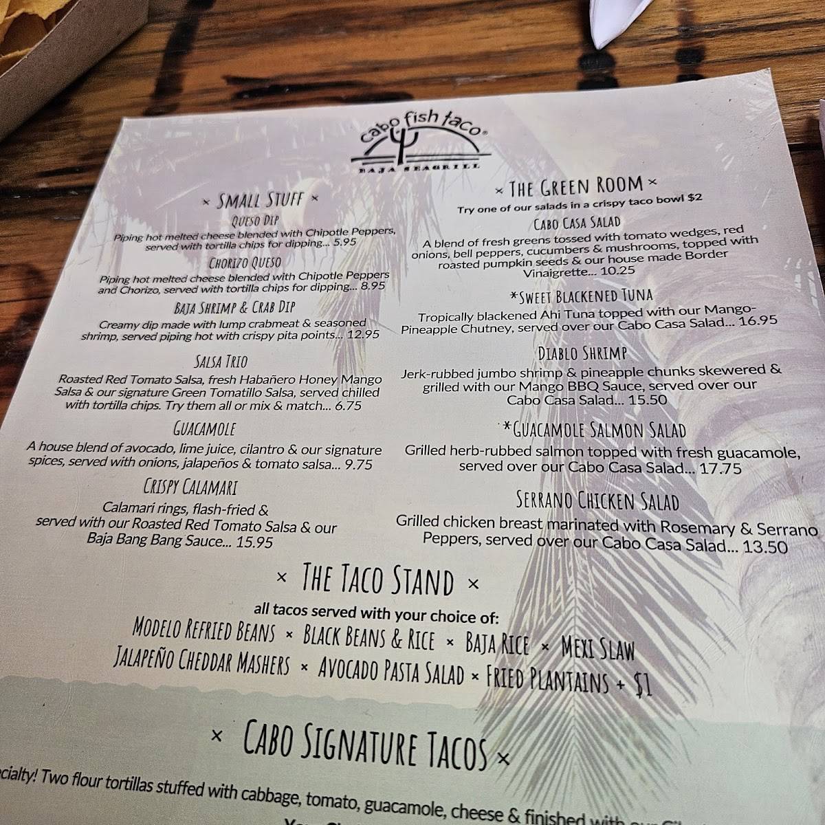 Menu at Cabo Fish Taco restaurant, Blacksburg