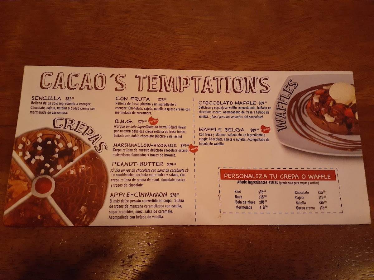 Menu at Cacao's Chocolatería restaurant, Culiacán, Malecón 1342-1370