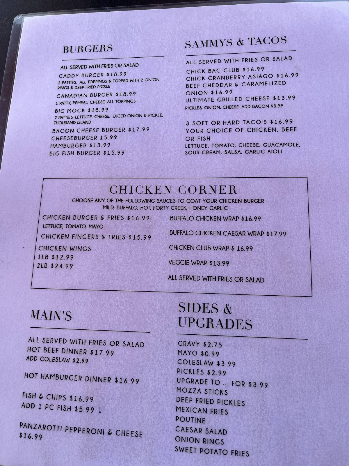 Menu at Caddyshack restaurant, Parkhill