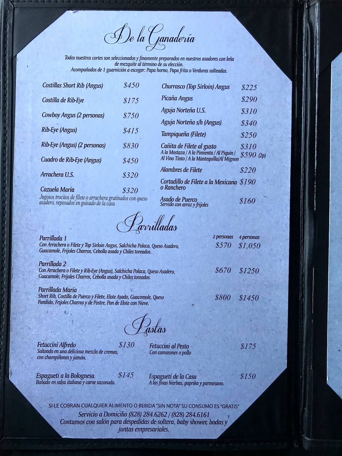 Carta de María Mía Restaurante, Cadereyta Jiménez, Blvd. Benito Juárez 1659